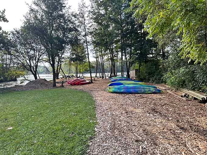 Colorful kayaks lined up along Cedar Creek are your ticket to working up that well-deserved appetite today.