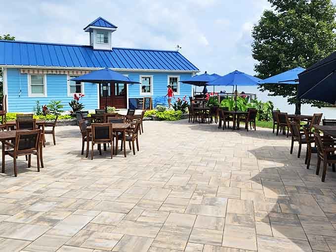 Blue walls, blue umbrellas, blue sky, and a patio that practically pulls you into a chair. Love Point Vineyards knows what it's doing.