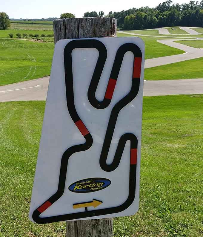 The Stockholm Karting Center track map nailed to a wooden post tells you everything, this layout means serious, joyful business.