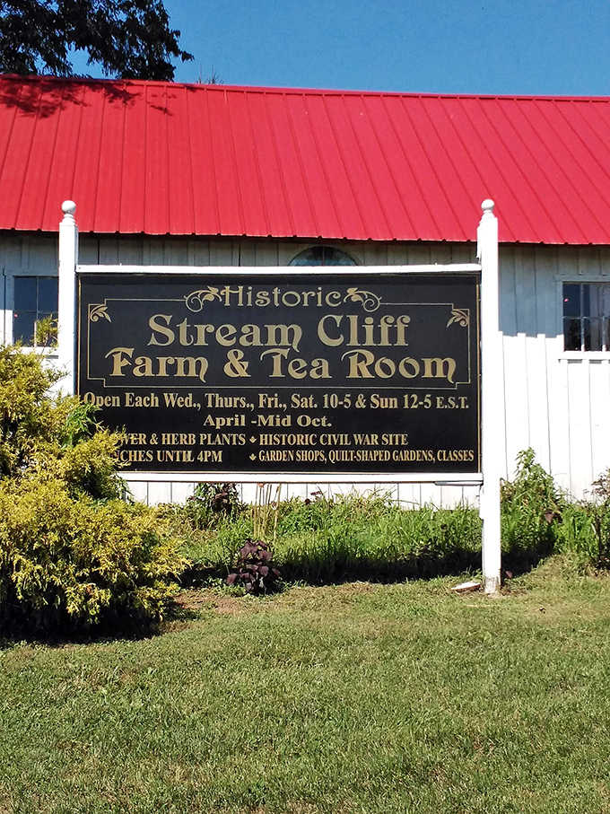 The historic sign lays out the farm's impressive credentials—Civil War site, tea room, and herb heaven combined.