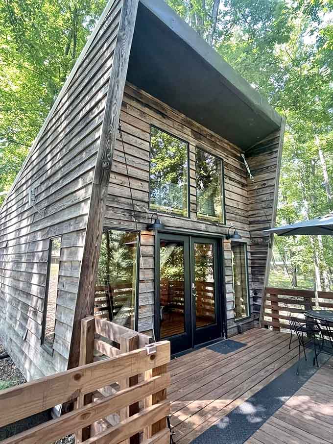 Black-framed French doors, barn sconce lights, and trees in every direction. This place means serious business.
