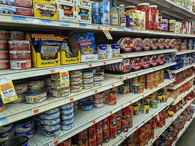 Tuna, Spam, canned chili, and anchovy paste all in one aisle. This is pantry preparedness taken to its most glorious extreme.