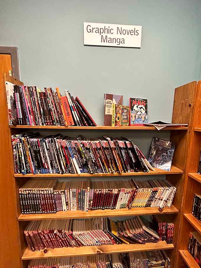 Graphic novels and manga sharing a cozy corner shelf, where Maus sits proudly alongside titles that would make any comic fan grin.