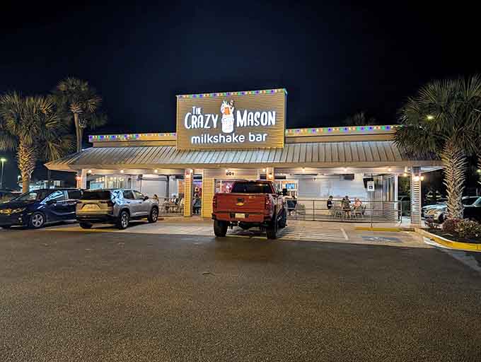 Even the parking lot at night looks inviting, glowing signs and palm trees welcoming you like an old friend.