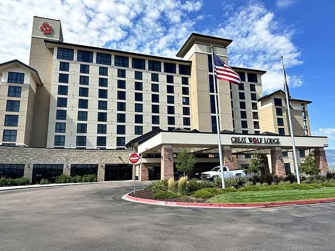 The Great Wolf Lodge exterior, where a perfectly comfortable evening can turn into a surprisingly thrilling murder investigation.