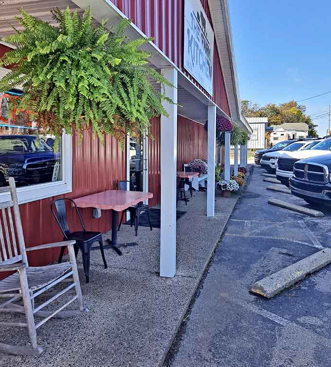 The outdoor seating area offers fresh air, hanging ferns, and the perfect spot for digesting breakfast bliss.