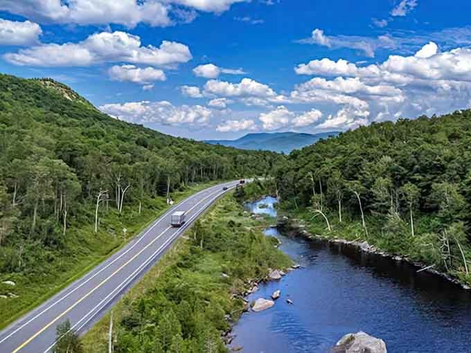 From above, Route 73 and the Ausable River run side by side like old friends heading somewhere beautiful together.