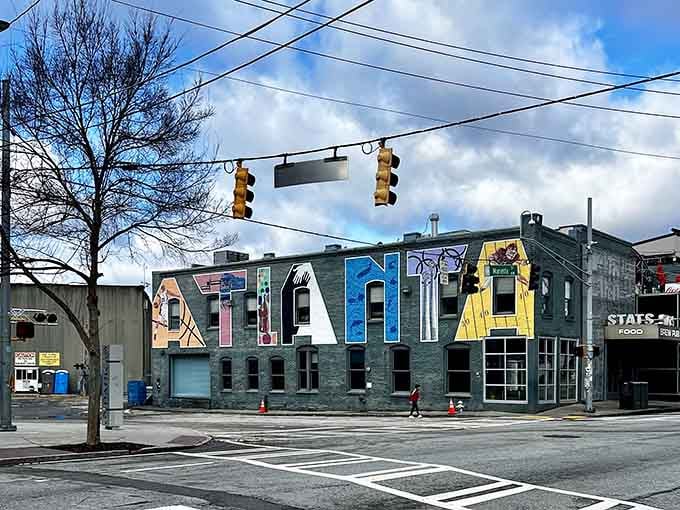 This bold "ATLANTA" mural splashed across a corner building says everything about a city that has never been shy about its own identity.