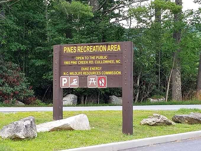 The sign says it all. Pines Recreation Area, open to the public, and honestly, what a gift that is.