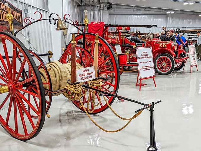 Hand-drawn hose carts from the 1880s remind us that firefighting required serious muscle before motorized equipment.