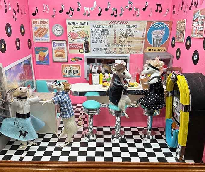 A 1950s diner scene with taxidermied mice in poodle skirts. Somehow, this feels completely normal after five minutes inside.