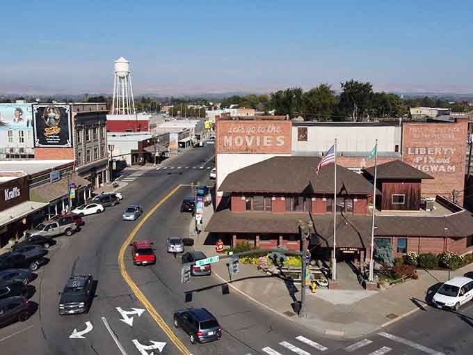 From above, Toppenish reveals itself as a real, breathing town with a water tower, wide streets, and genuine soul.