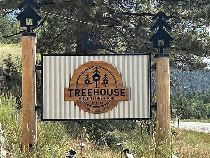 The sign that started it all. Two little birdhouses on top, because even the signage has personality here.
