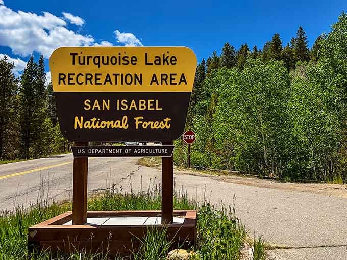 The official welcome sign for Turquoise Lake Recreation Area, San Isabel National Forest, where the adventure formally begins right here.