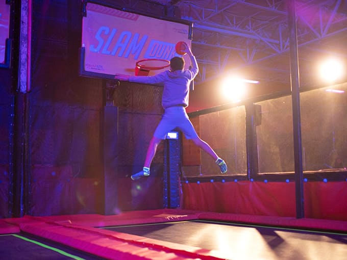 Trampoline plus basketball hoop equals one glorious moment of feeling like an absolute professional athlete today.