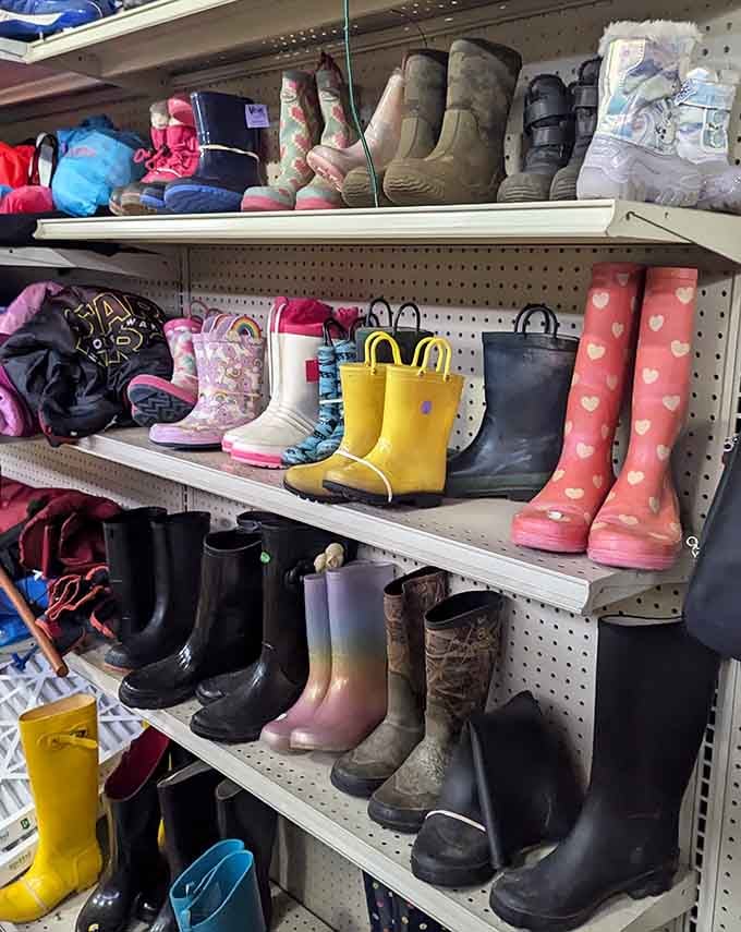 Rain boots in cheerful colors lined up like soldiers, ready to keep feet dry without draining your wallet dry.