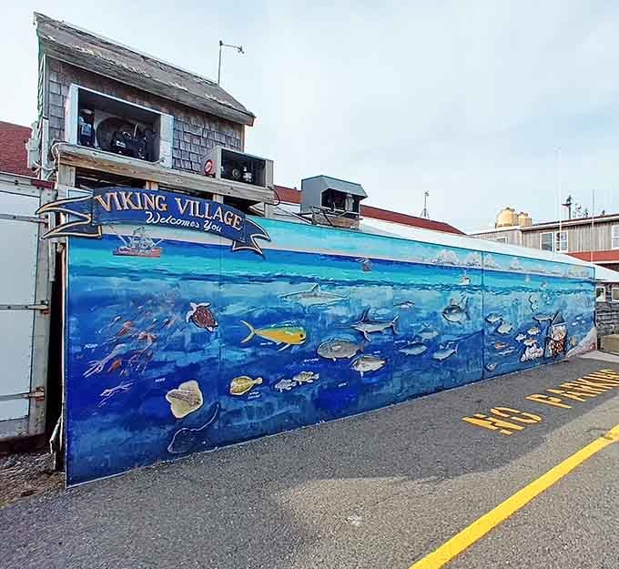This vibrant mural showcases the underwater world that makes Viking Village possible, from tuna to sea turtles.