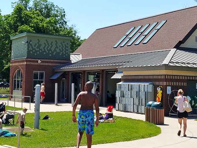 Solar panels on the roof, lockers by the door, this pool house means serious, thoughtful business from the outside in.