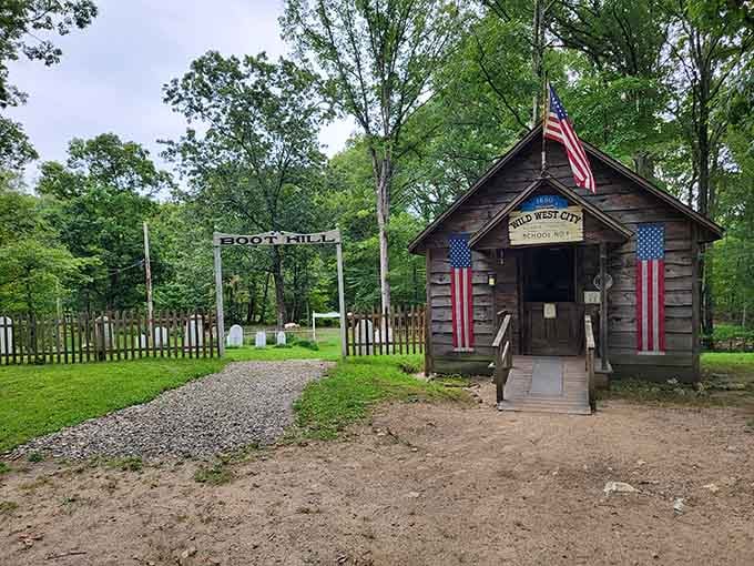 The old schoolhouse sits beside Boot Hill, reminding you that frontier life had real character.