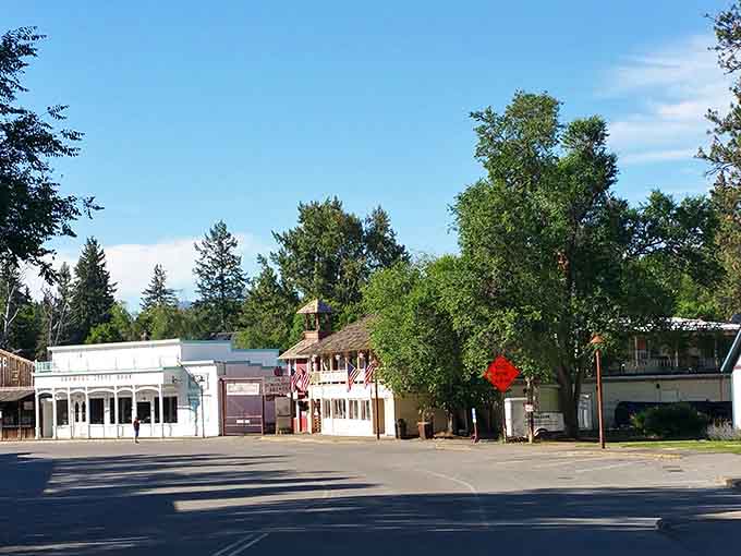 Winthrop's main street at golden hour looks like the opening scene of a Western you never want to end.