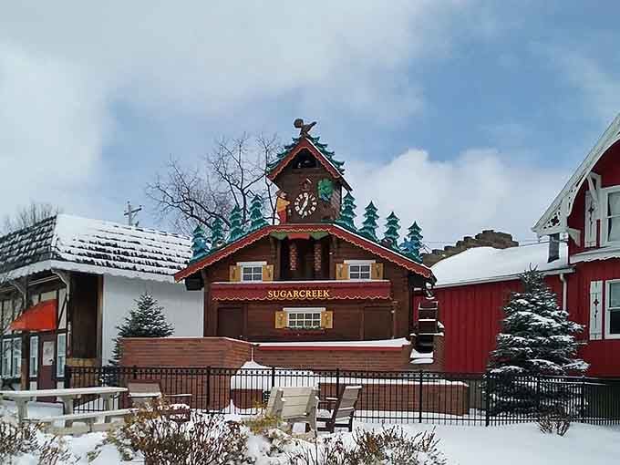 Snow-dusted and still ticking. The World's Largest Cuckoo Clock doesn't take snow days.