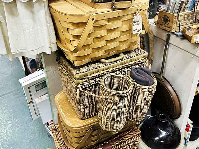 Wicker picnic baskets stacked high and ready for adventure, because some treasures are meant to be taken straight to the park.