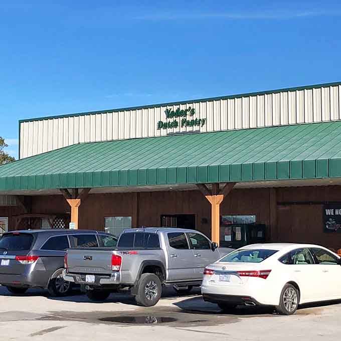The green-trimmed exterior of Yoder's Dutch Pantry, a building that looks modest from the outside and absolutely delivers on the inside.