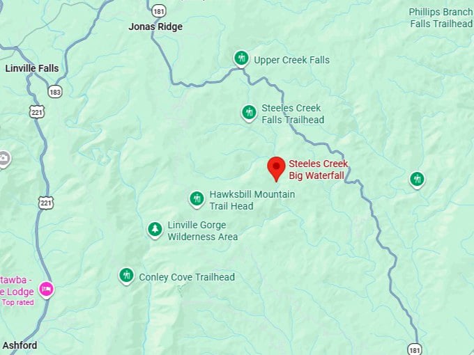 16. steeles creek big waterfall map