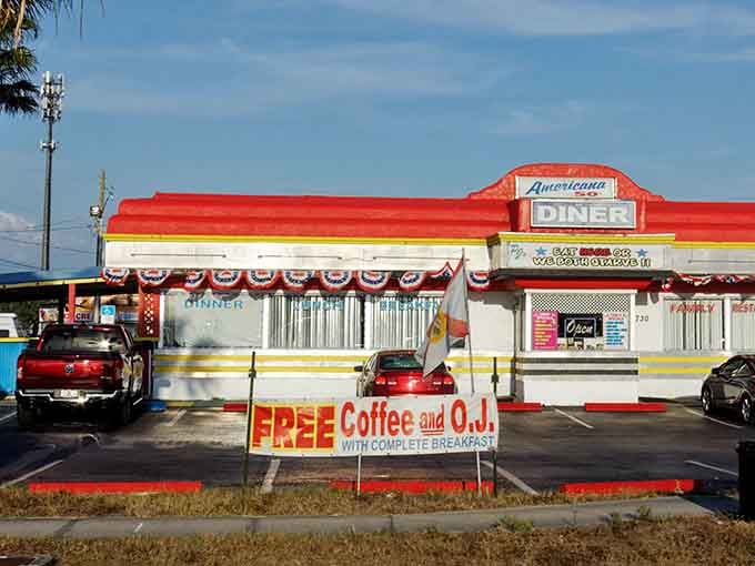 Free coffee and O.J. with breakfast? This patriotic Holiday diner is already winning the morning.
