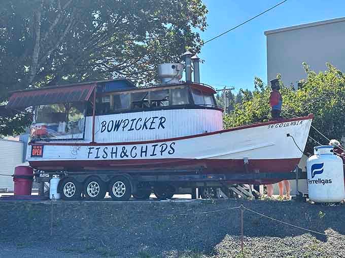 A real fishing boat on dry land, serving the freshest albacore tuna fish and chips in Astoria.