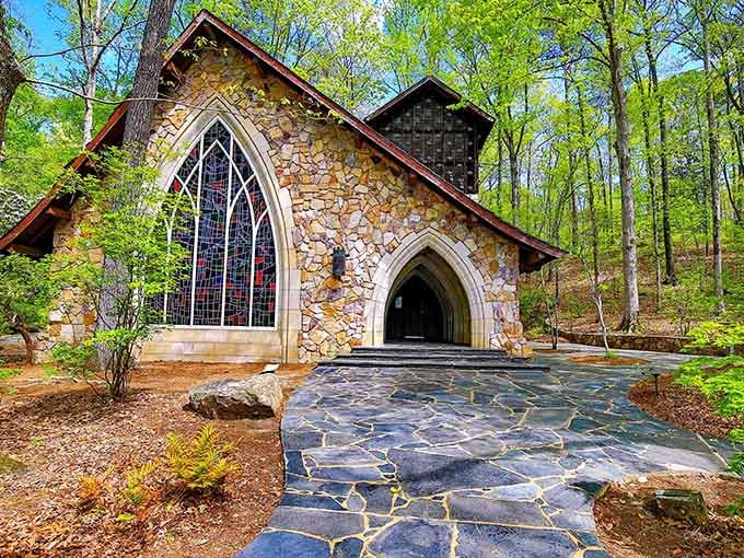 This stone chapel nestled in the woods looks like something from a fairy tale your grandkids would love.