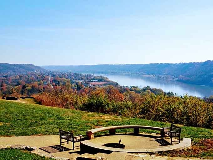 That circular bench isn't just seating, it's a front-row ticket to Indiana's most stunning river panorama.