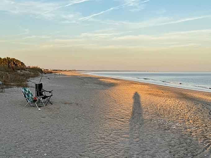 Golden hour at Edisto turns the sand into liquid amber while your beach chair waits for tomorrow's sunrise.