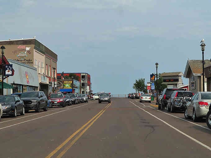 That wide-open main street leads straight to Lake Superior, where the water meets sky in perfect harmony.