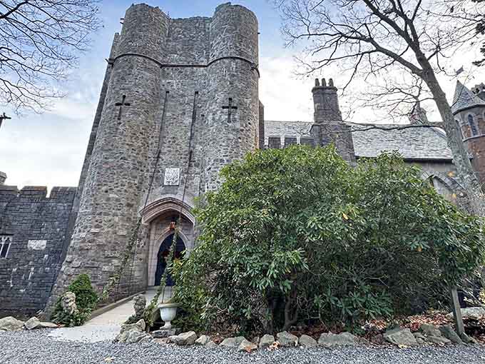 Medieval stone towers meet New England coastline in this architectural marvel that looks straight out of a European fairy tale.