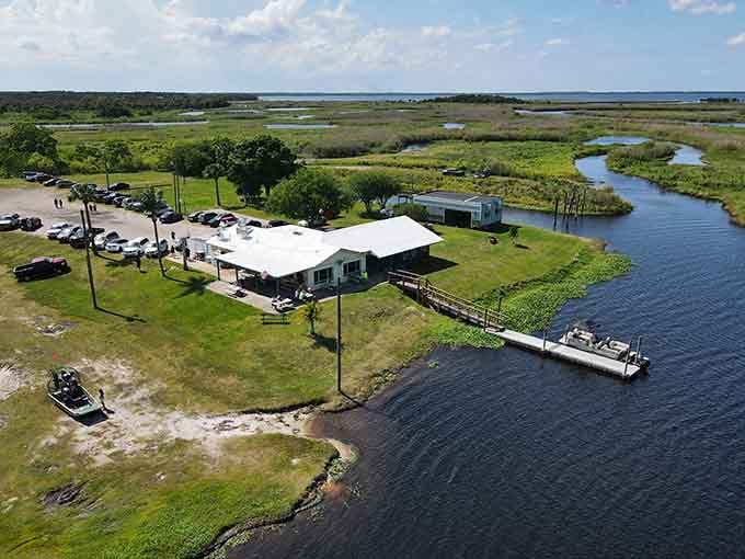 From up here, Jolly Gator Fish Camp looks like Florida's best-kept secret hiding in plain sight along the St. Johns River.