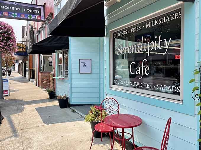 Burgers, fries, milkshakes, soups, sandwiches, and salads — that window menu reads like a greatest hits album of comfort food.