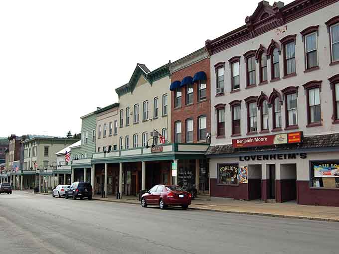 Little Falls' main street still has its original brick charm, local shops, and an American flag that means business.
