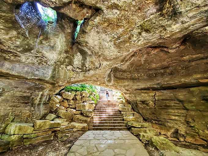 Stone steps lead into golden cavern walls, and suddenly your Tuesday feels like an Indiana Jones movie.