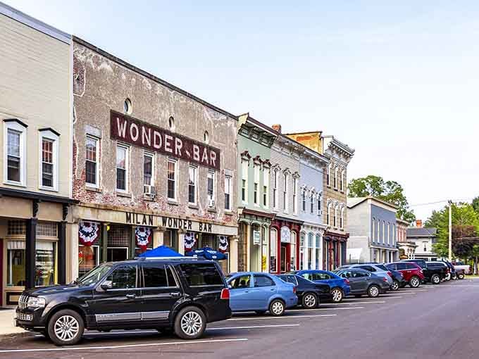 Milan's Wonder Bar sign towers over a main street that looks like it stepped out of a Norman Rockwell painting.