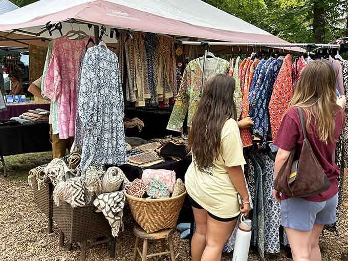 Block-print dresses and a woven basket make this Woodstock booth feel like a bohemian dream come true.
