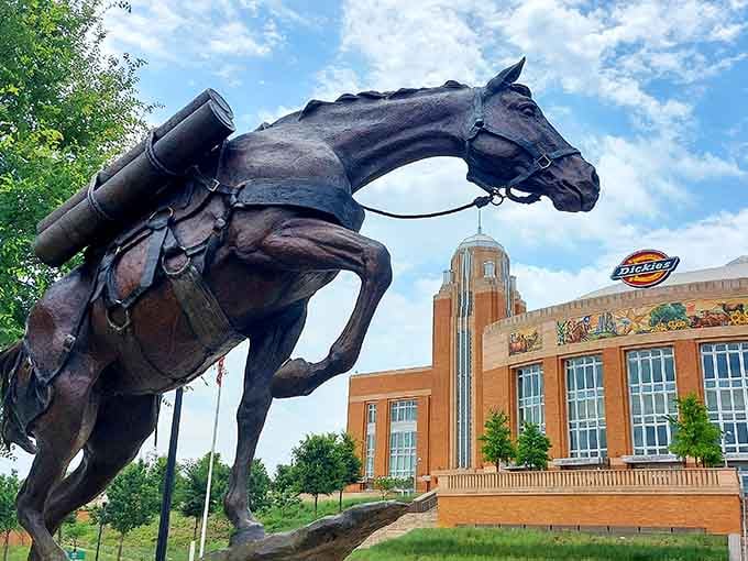 This rearing bronze horse means business, and the art deco Dickies Arena backdrop makes it even more dramatic.