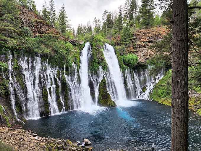 Multiple streams cascade into a turquoise pool, creating nature's own water park without the admission fee.