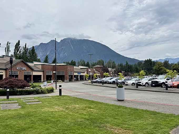 Mount Si towers over the outlets like nature's way of reminding you that retail therapy has competition.