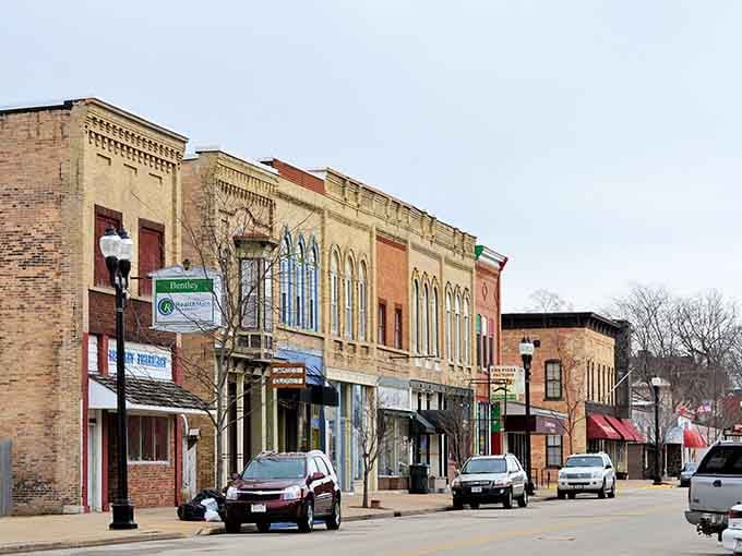 Classic brick storefronts line this peaceful main street where parking is actually easy to find.