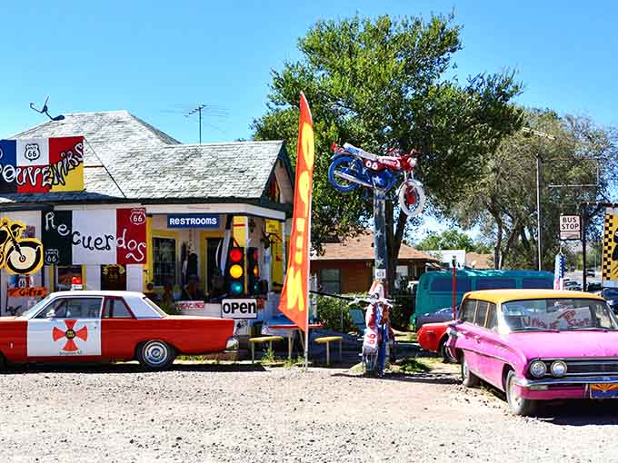 Vintage cars, bold signs, and Route 66 magic &mdash; Seligman's souvenir shop is pure American joy.