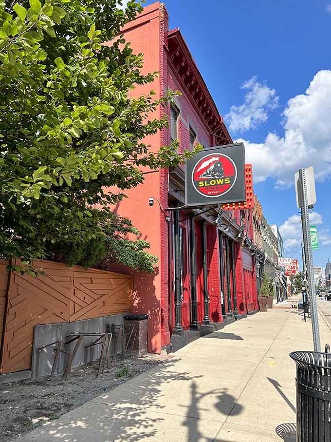 That vintage red brick building and outdoor seating tell you this Detroit spot means serious BBQ business.