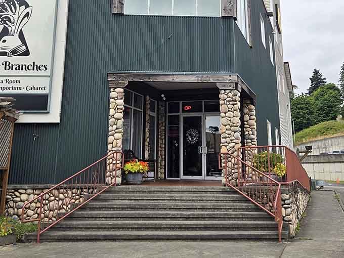 Those river rock columns aren't just decorative, they're the handshake before the best meal of your life.