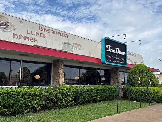 That teal-framed sign promising "Breakfast, Lunch, Dinner" is basically a love letter to hungry Texans everywhere.