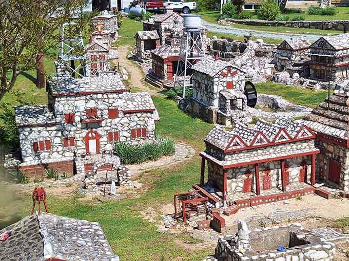 A whole miniature world built from stone, sitting quietly in a North Carolina yard like it's been there forever.